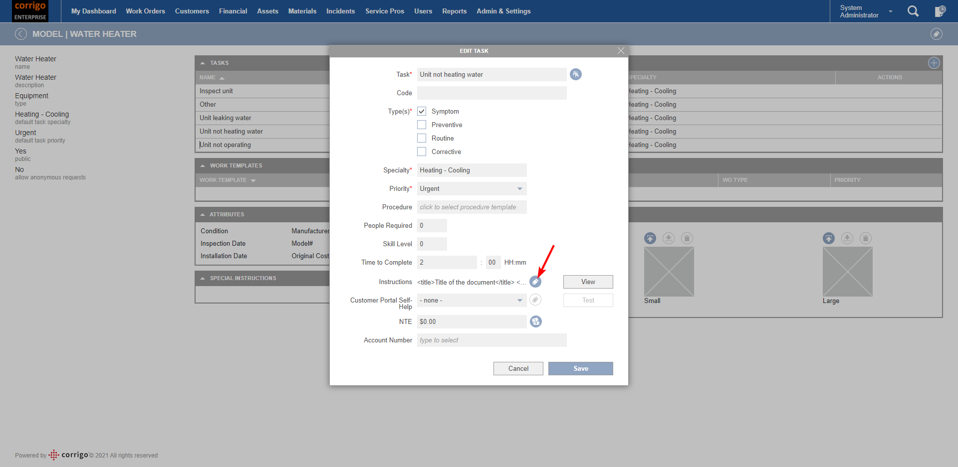 Corrigo Enterprise 9 - Special Instructions