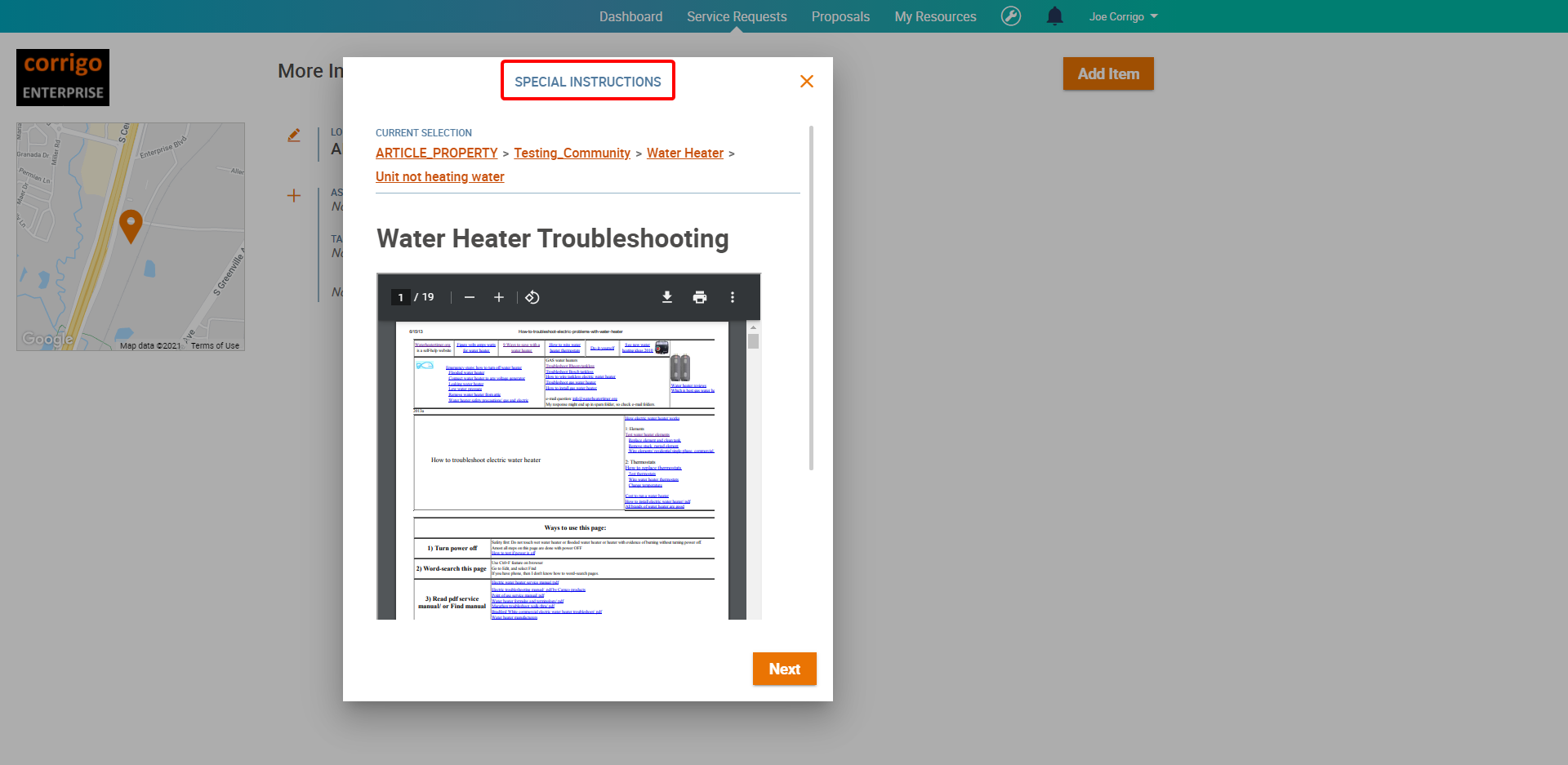 Corrigo Enterprise 9 - Special Instructions