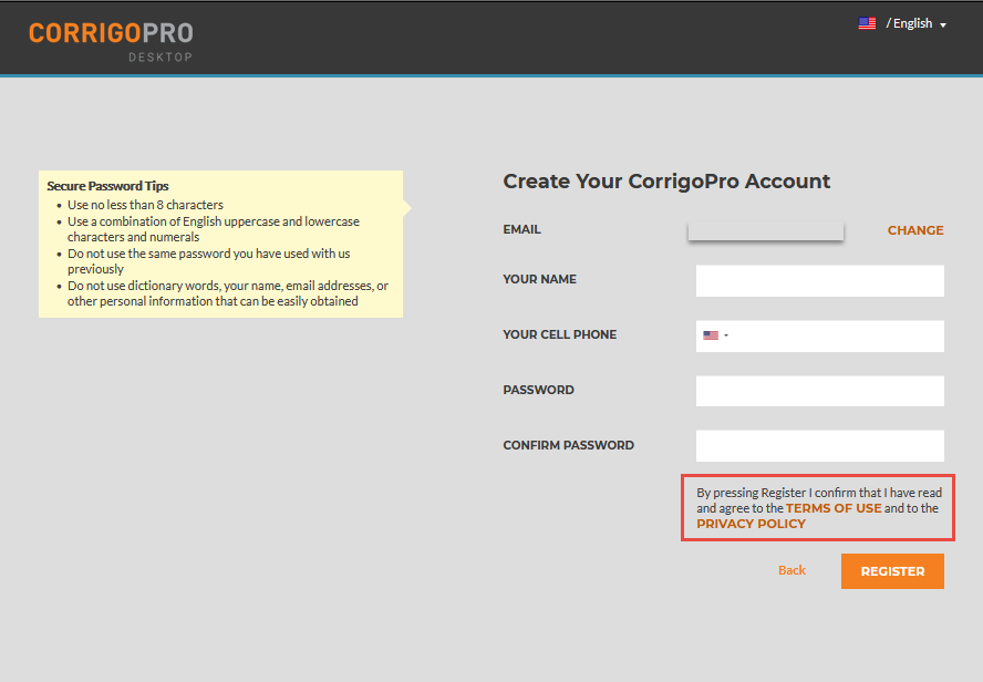 CorrigoPro - Connection/Registration - Register/Account Setup