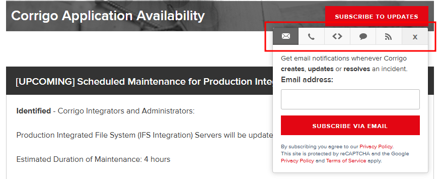 Subscribing/Unsubscribing to the Corrigo Status Page