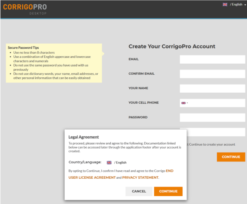 CorrigoPro - Connection/Registration - Register/Account Setup